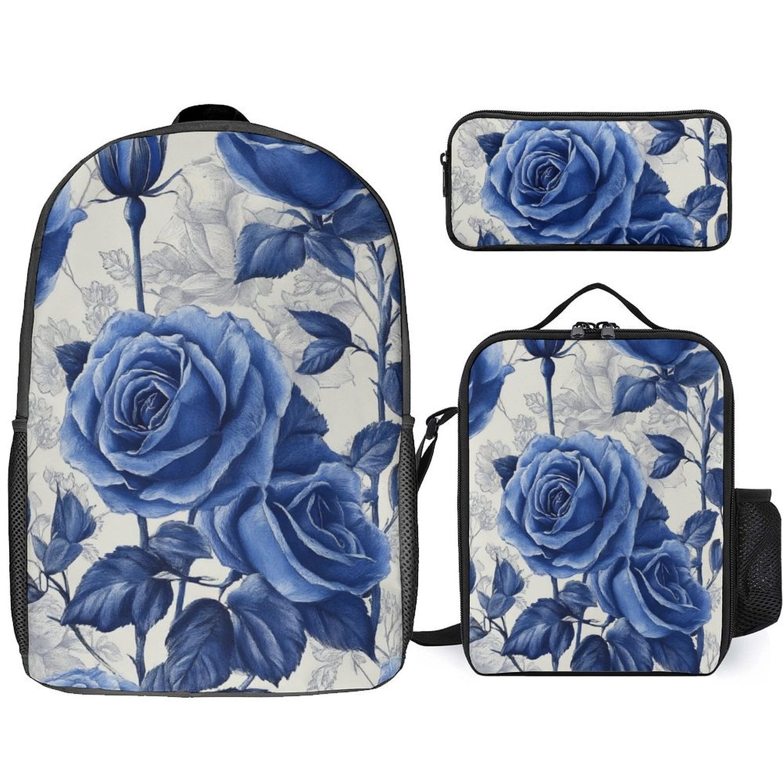 Blue Rose Floral Print 3 3D Printed 3pcs/Set Bags Laptop Daypack Backpack Lunch bag Pencil Case ...