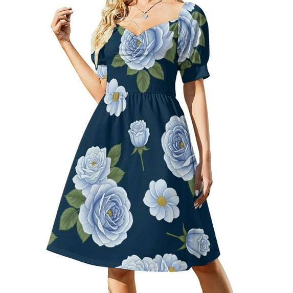 Blue Rose Floral Print Short Sleeve Dress Clothes Women's Summer Dress ...