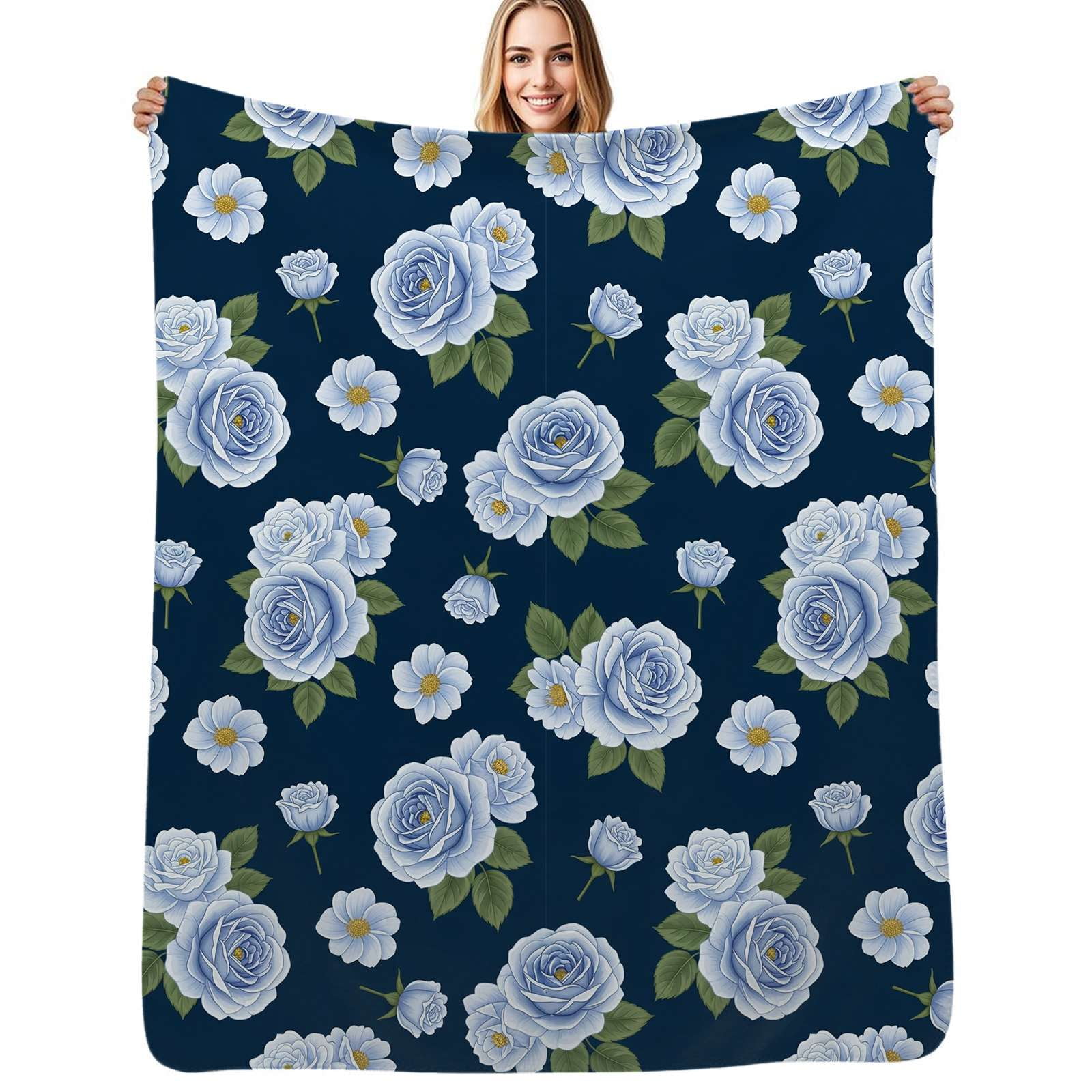 Blue Rose Floral Print Soft Blanket Travel Bedding Throws Flannel ...