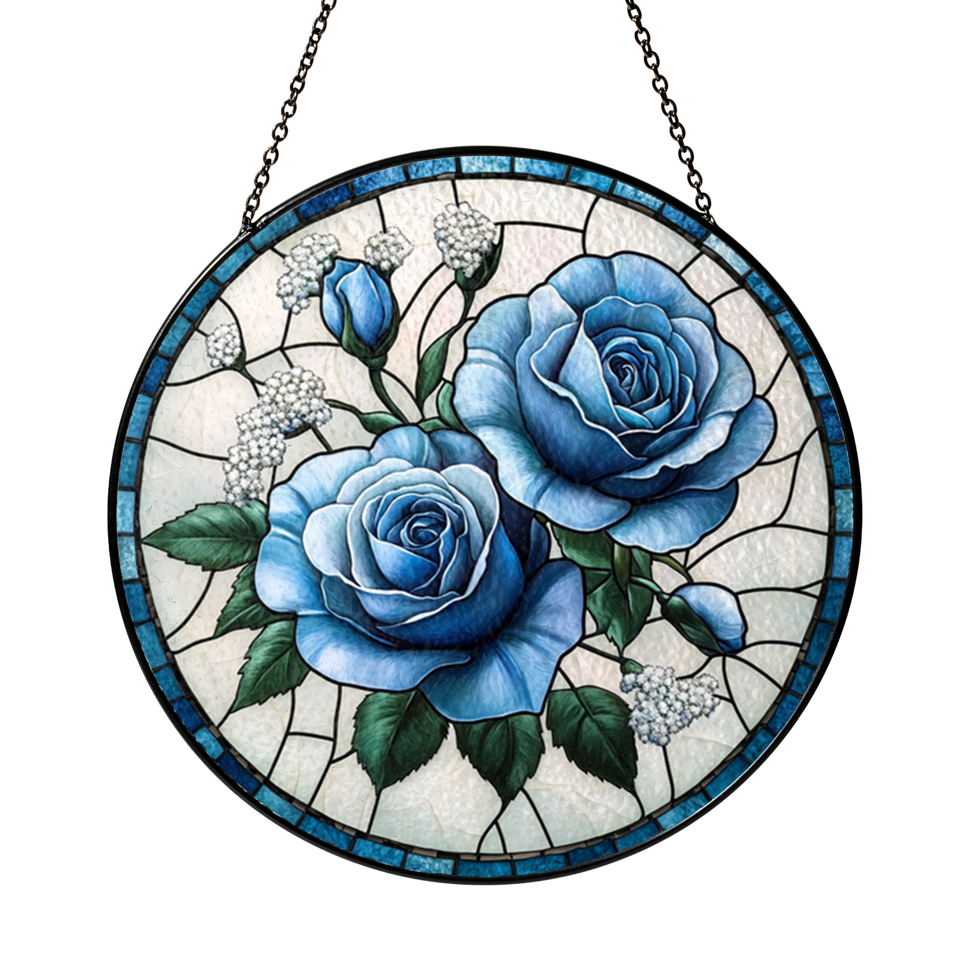 Blue Rose Floral Scene Glass Suncatcher Round Window Ornament, Graceful ...