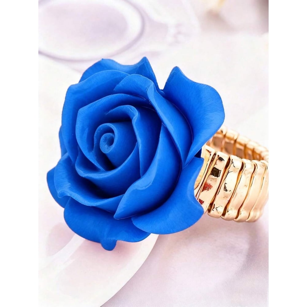 Blue Rose Floral Statement Ring With Goldtone Adjustable Band, Elegant ...