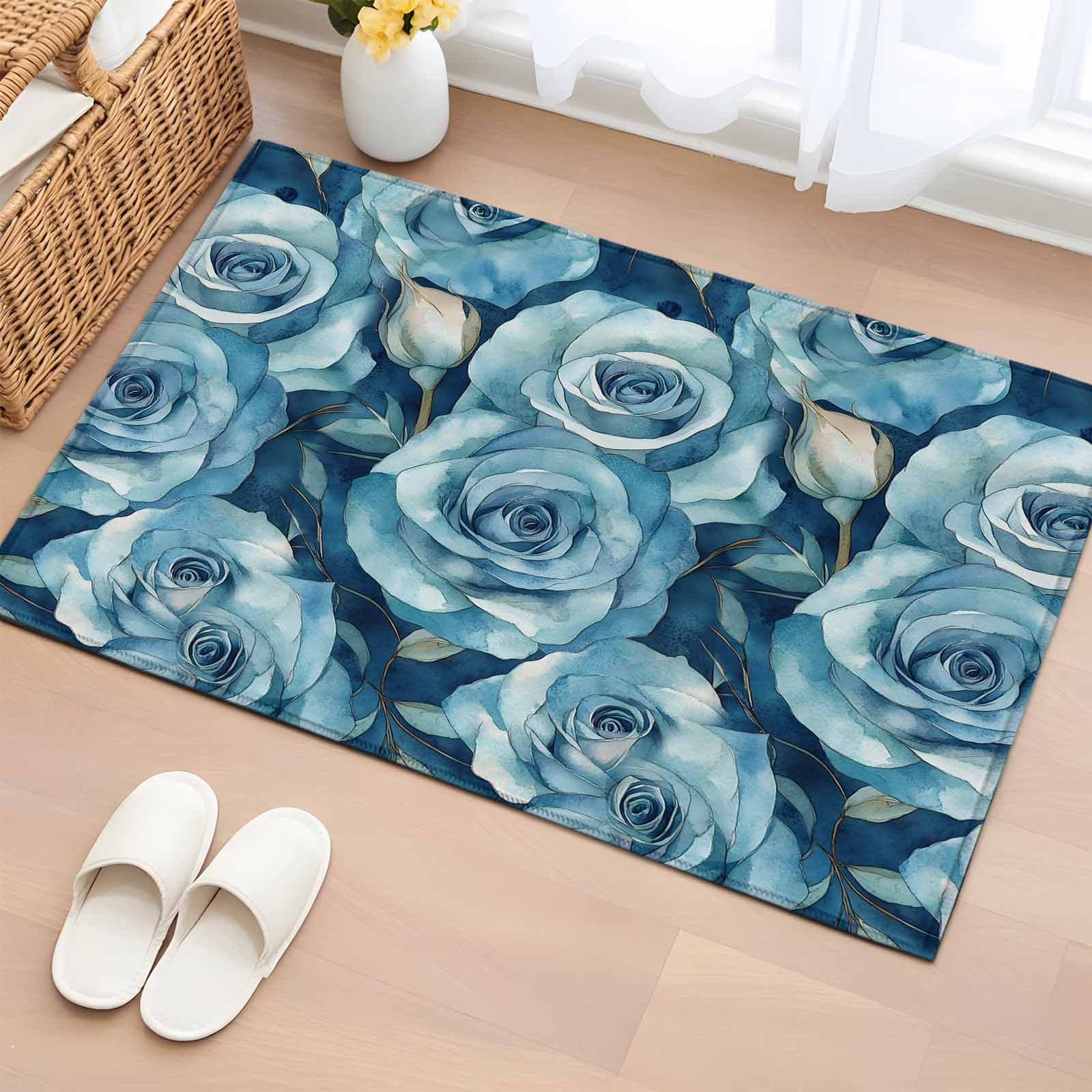 Blue Rose Flower Bathroom Mats 2x3 FT,Non Slip Small Kitchen Mat ...