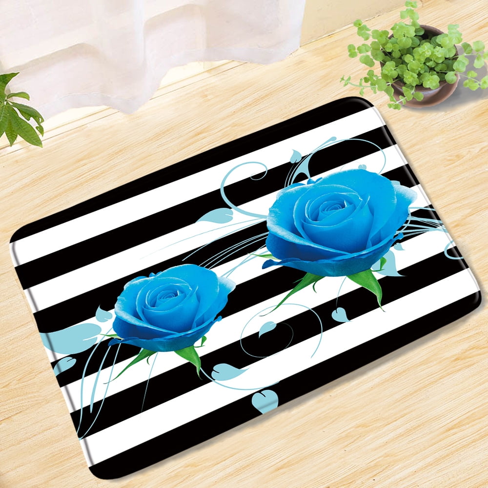 Blue Rose Flower Black And White Striped Background Bath Mats 3 Sets ...