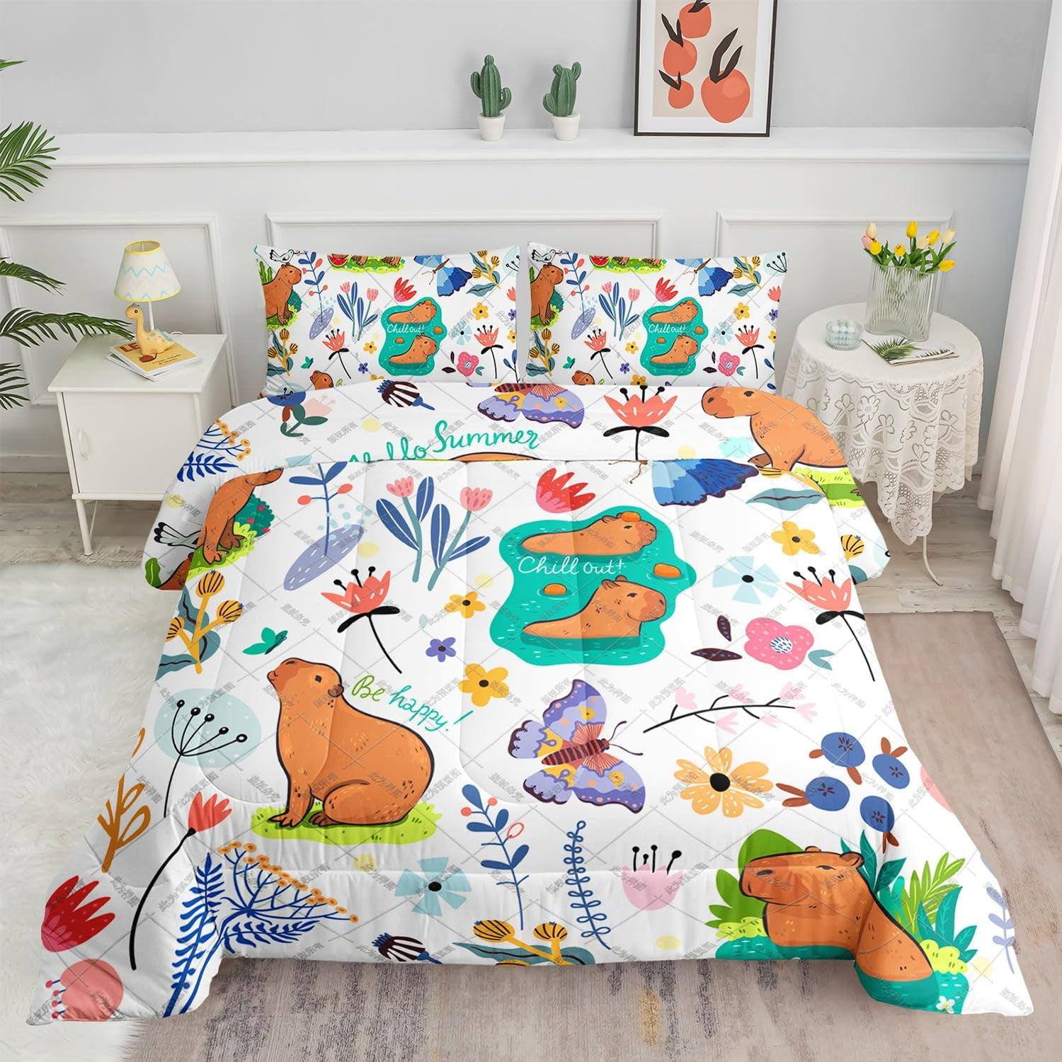 Blue Rose Flower Comforter Set Retro Floral Printed Bedding Set with 1 ...