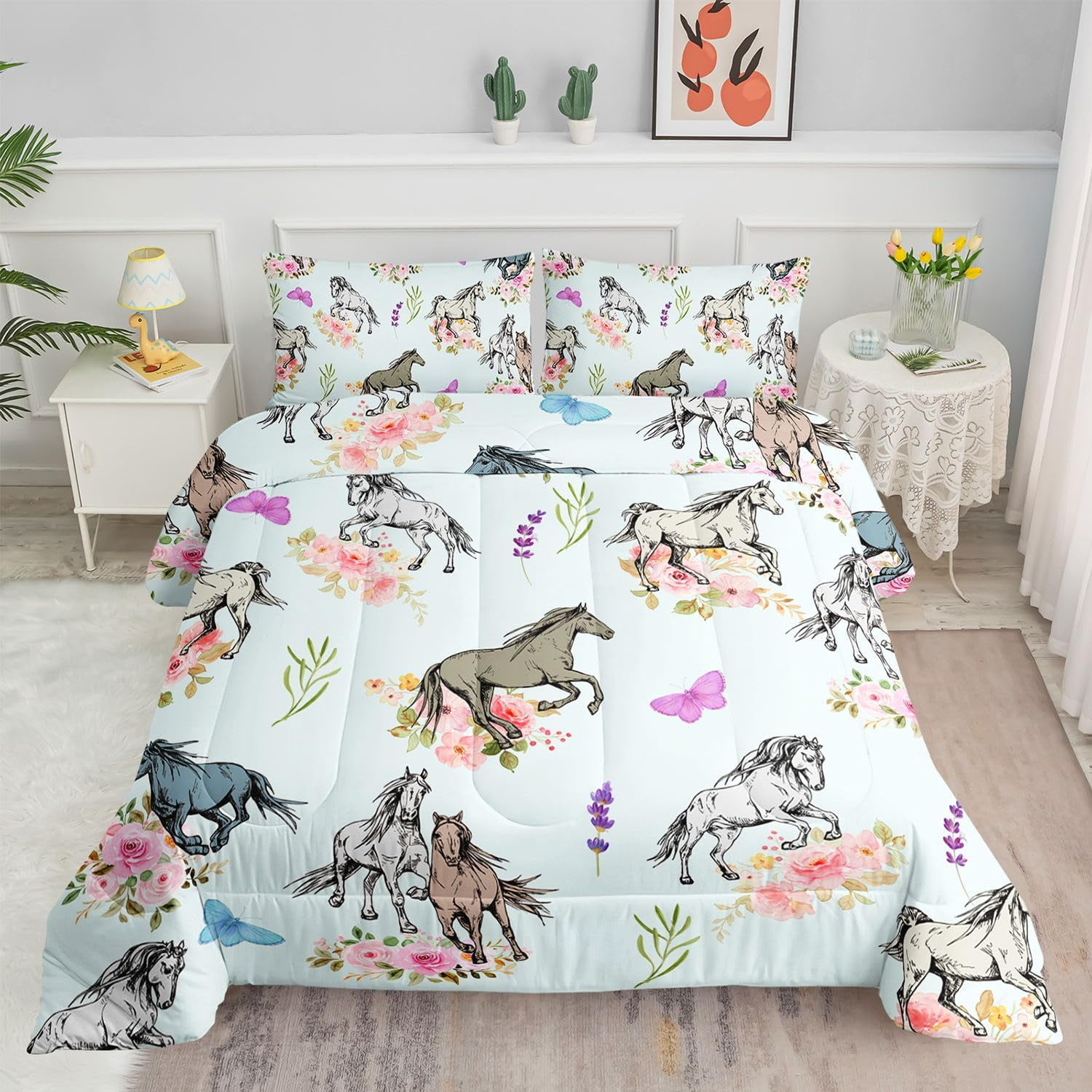 Blue Rose Flower Comforter Set Retro Floral Printed Bedding Set with 1 ...