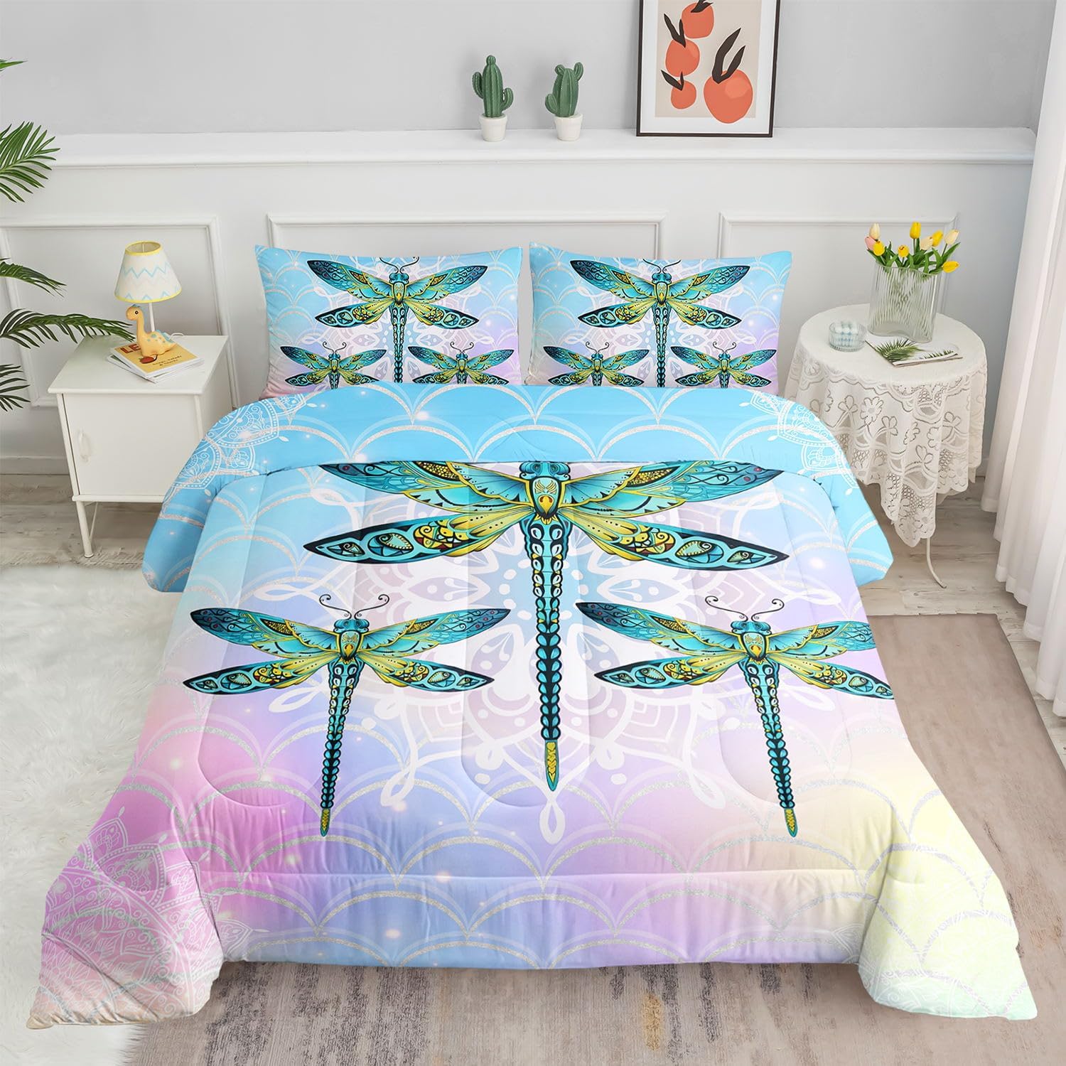 Blue Rose Flower Comforter Set Retro Floral Printed Bedding Set with 1 ...