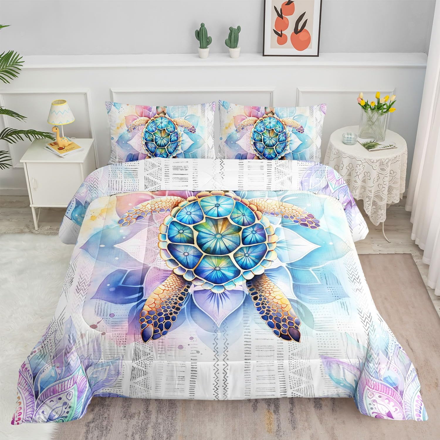 Blue Rose Flower Comforter Set Retro Floral Printed Bedding Set with 1 ...