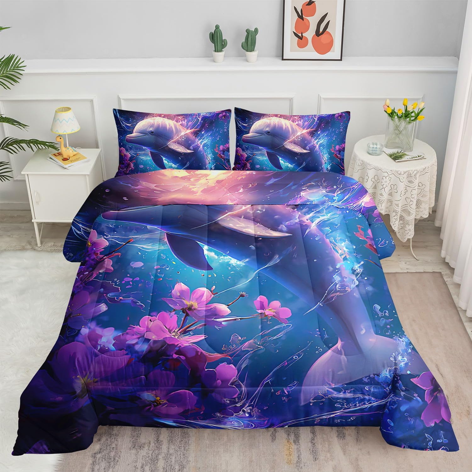 Blue Rose Flower Comforter Set Retro Floral Printed Bedding Set with 1 ...