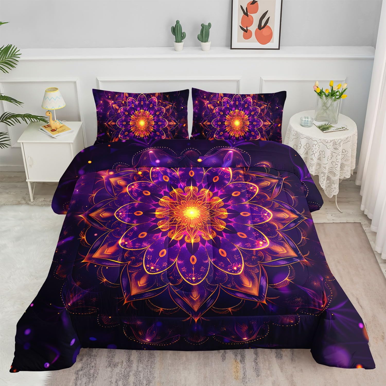 Blue Rose Flower Comforter Set Retro Floral Printed Bedding Set with 1 ...