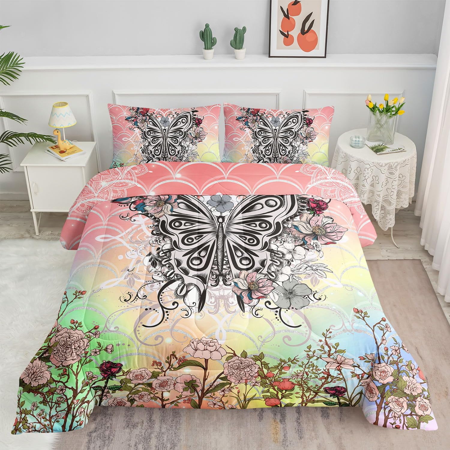 Blue Rose Flower Comforter Set Retro Floral Printed Bedding Set with 1 ...