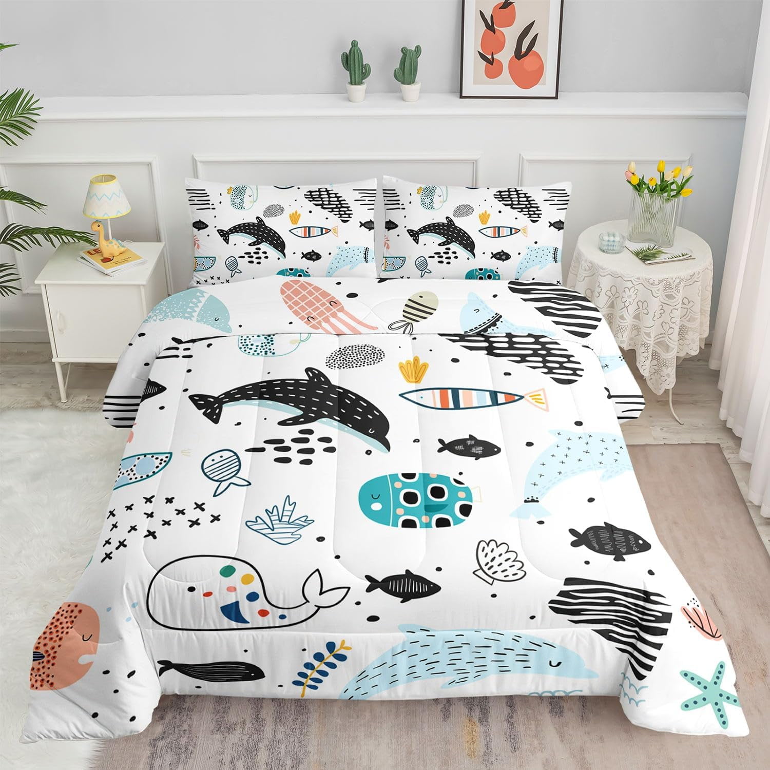 Blue Rose Flower Comforter Set Retro Floral Printed Bedding Set with 1 ...