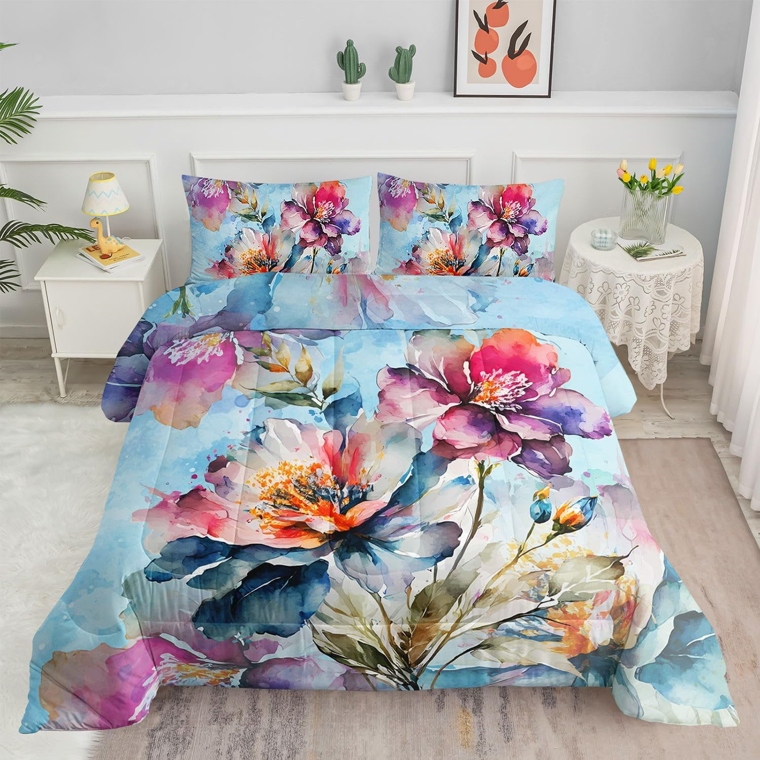 Blue Rose Flower Comforter Set Retro Floral Printed Bedding Set with 1 ...