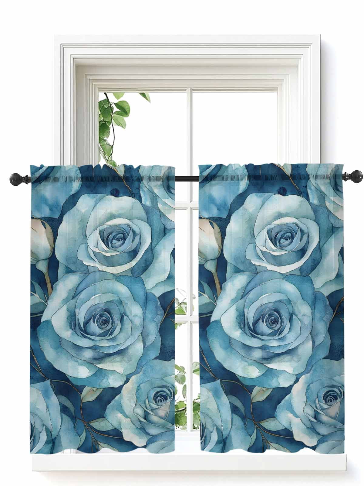 Blue Rose Flower Curtains 45 Inch Length, Sheer Curtains for Bedroom ...