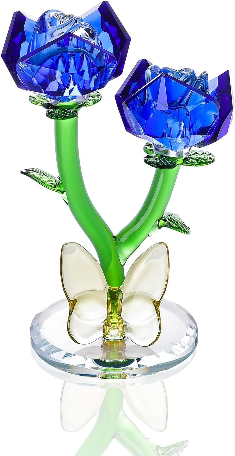 Blue Rose Flower Figurines Glass Spring Bouquet with Decor for ...