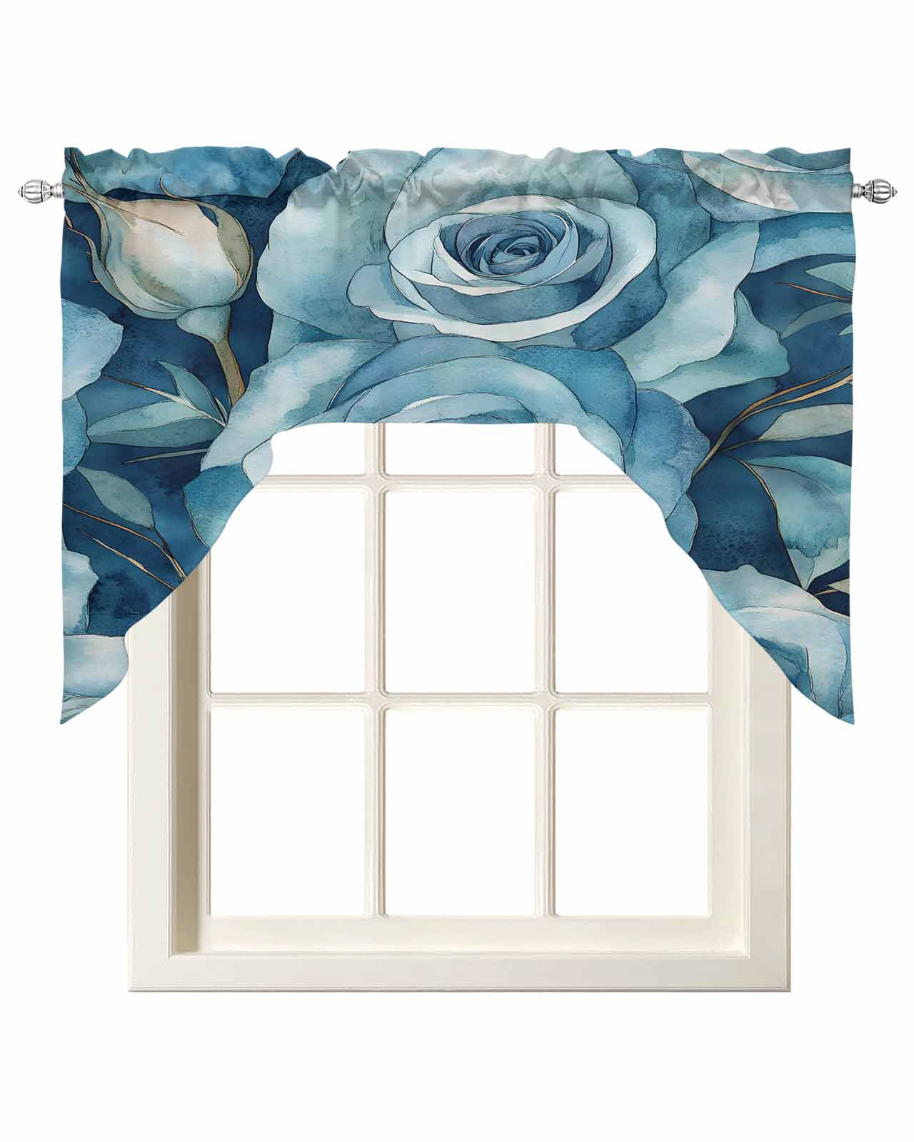 Blue Rose Flower Kitchen Swag Valances for Windows, Vintage Modern ...