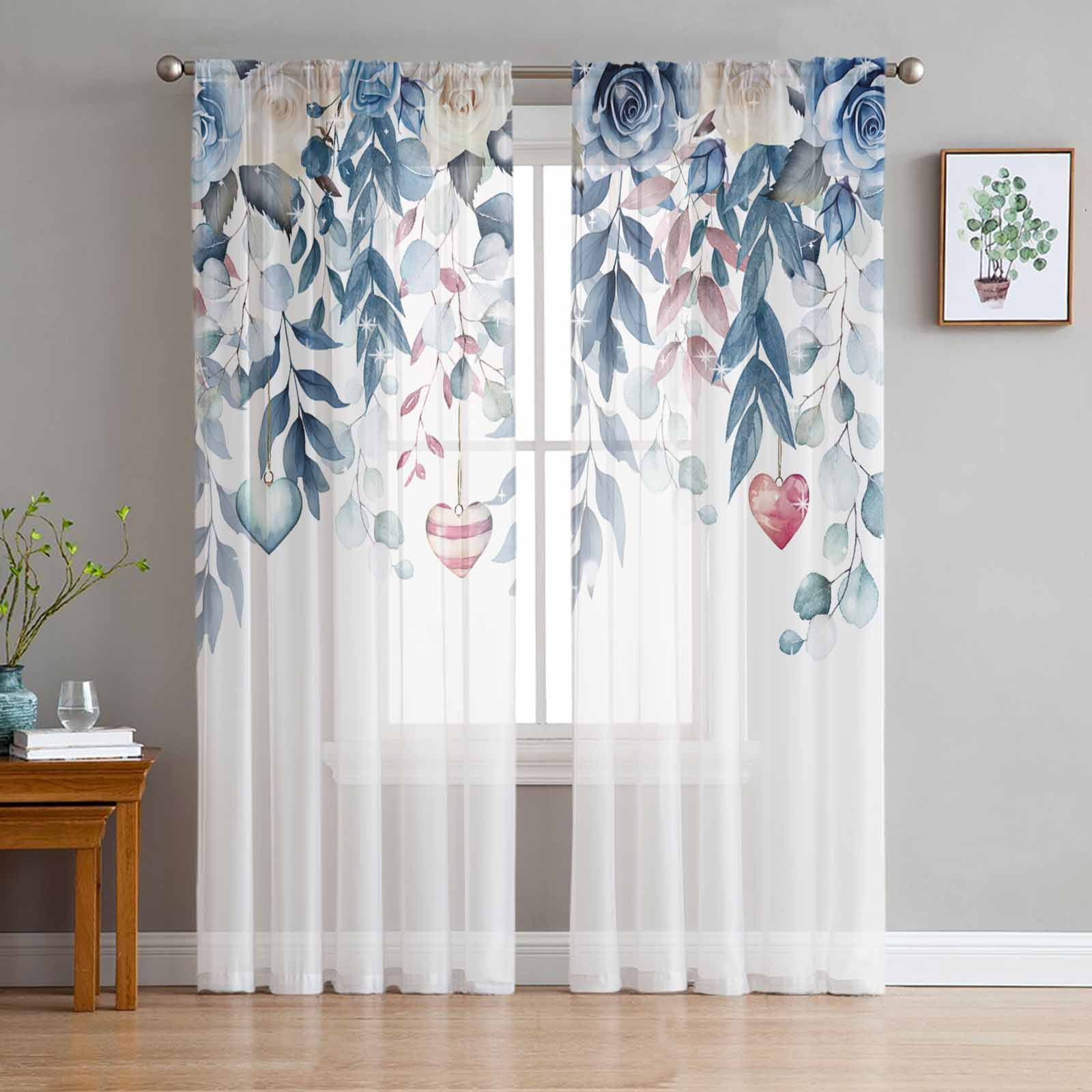 Blue Rose Flower Love Heart Voile Curtains for Bedroom Window Tulle ...