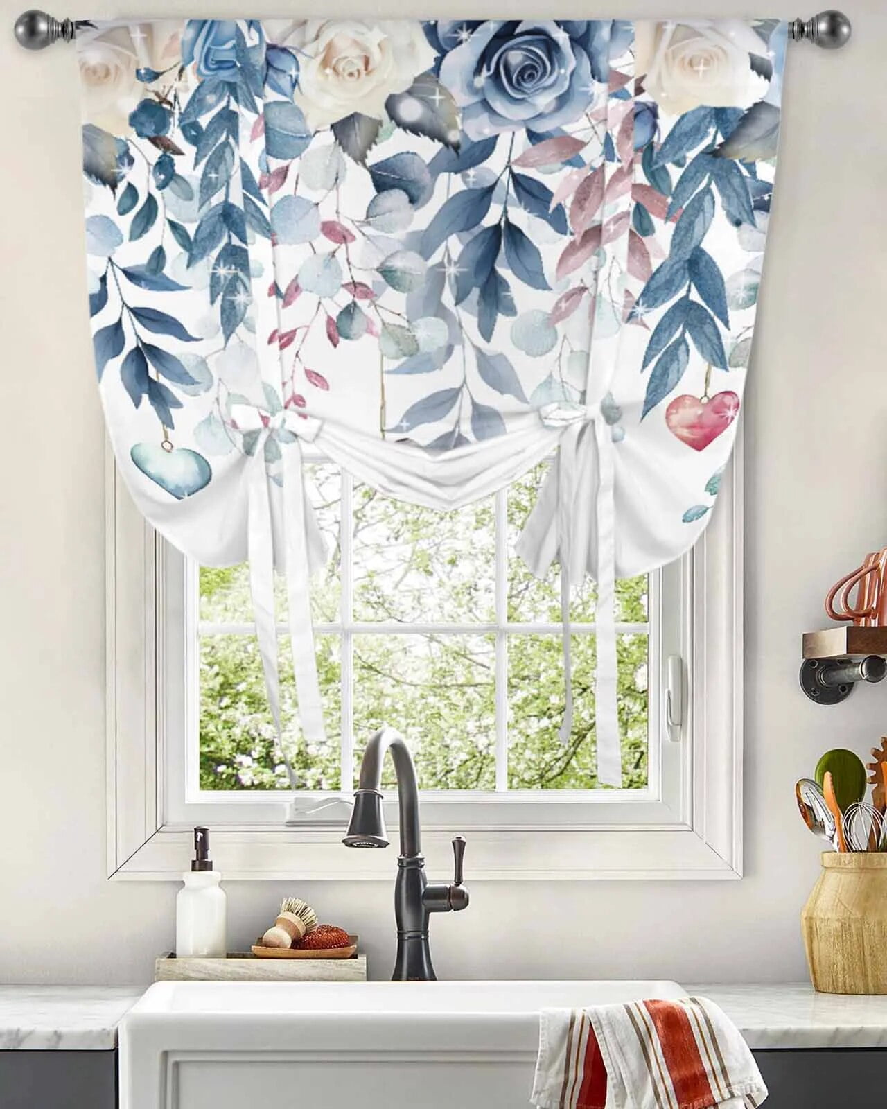 Blue Rose Flower Love Heart Window Curtain for Living Room Adjustable ...