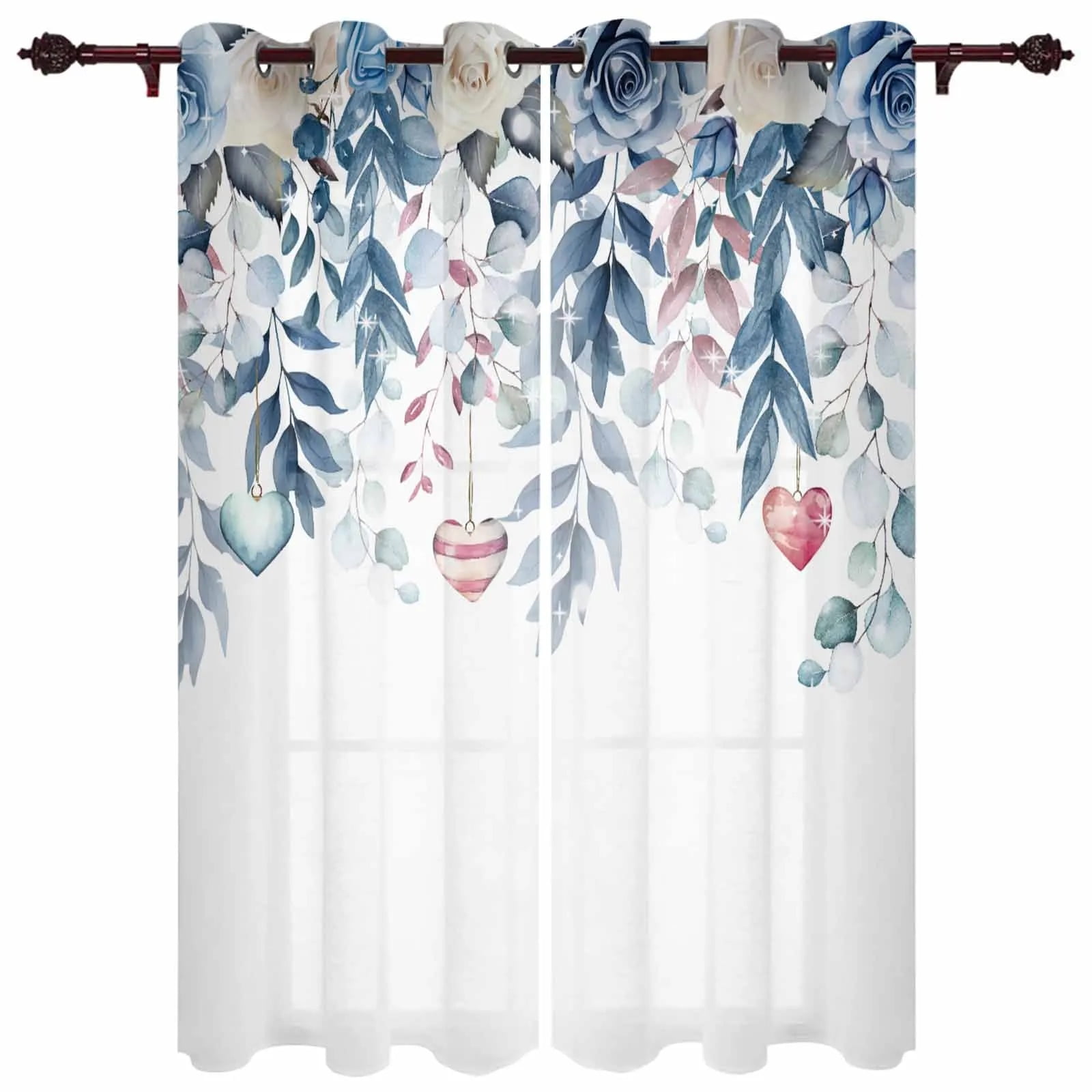 Blue Rose Flower Love Heart Window Curtains for Living Room Bedroom ...