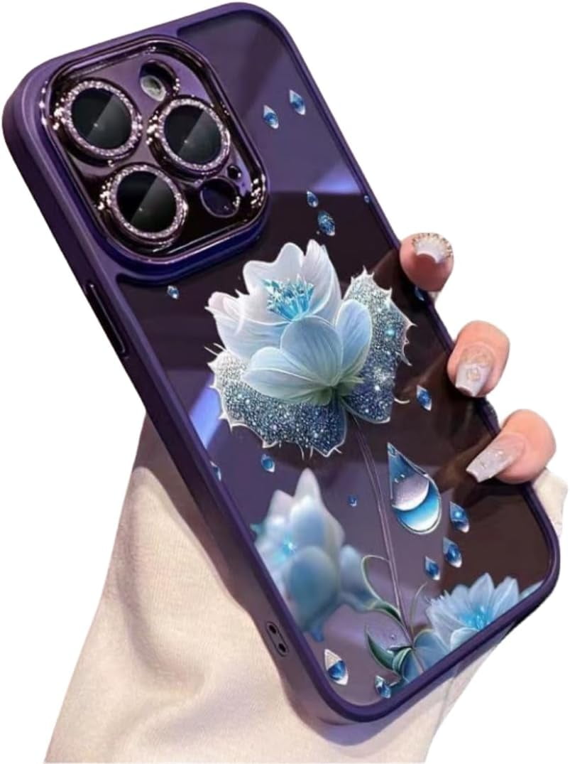 Blue Rose Flower Painted Phone Case, Semi-Clear Phone Case with Glitter ...
