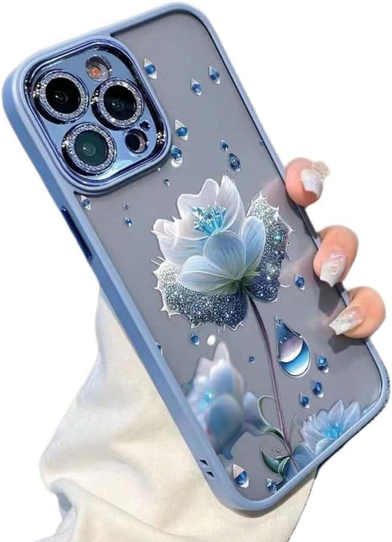 Blue Rose Flower Painted Phone Case, Semi-Clear Phone Case with Glitter ...