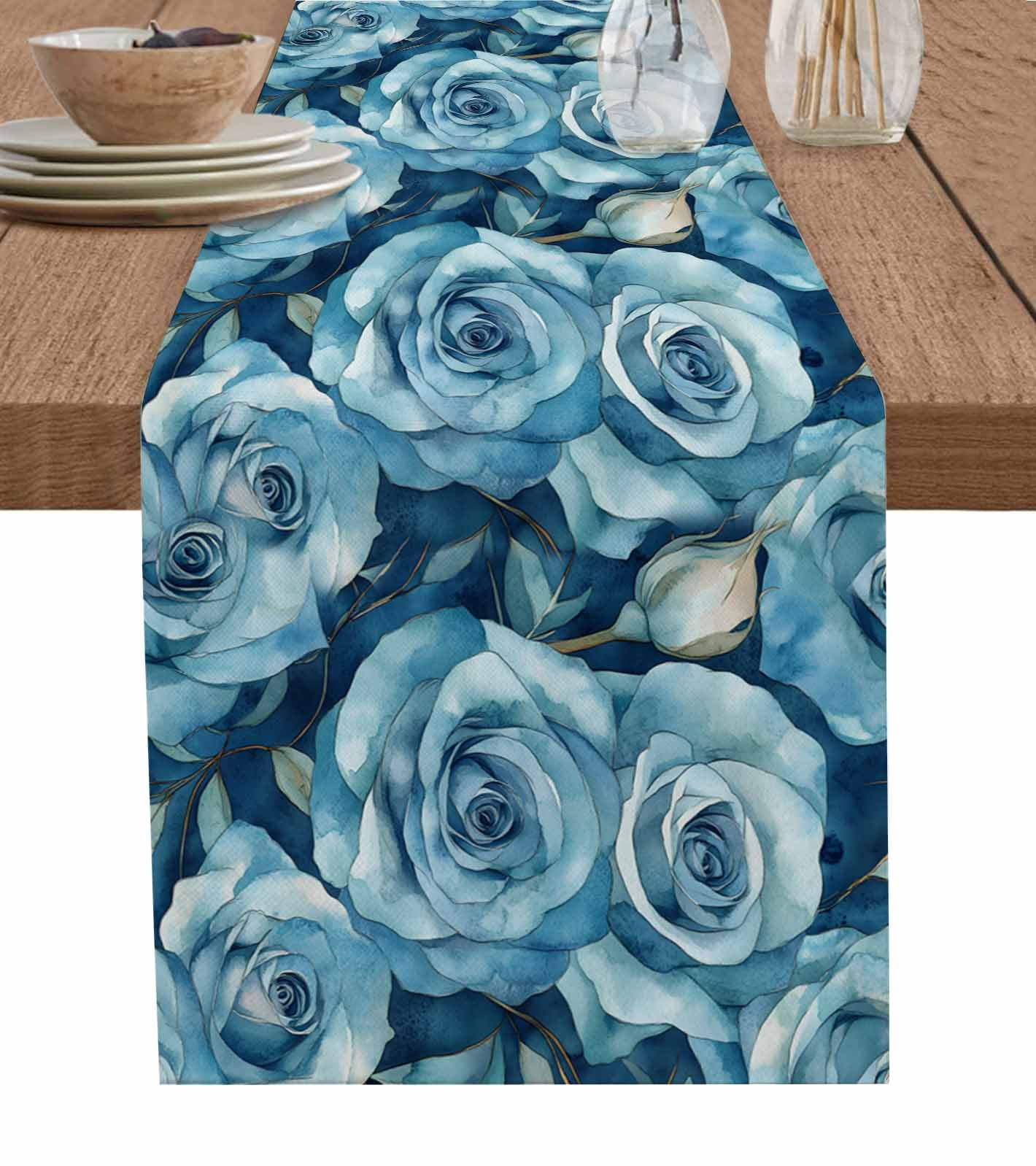 Blue Rose Flower Table Runner 72 Inches, Vintage Modern Abstract ...
