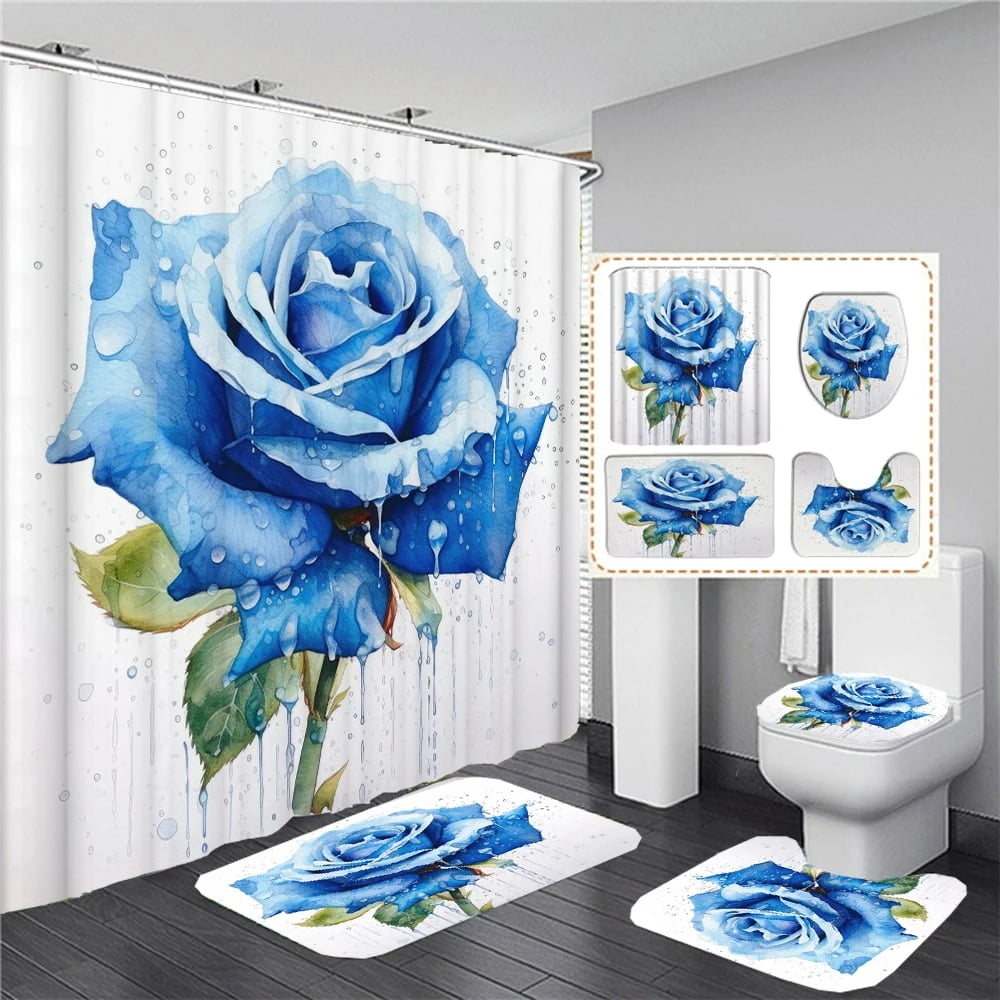 Blue Rose Flower Waterproof Bathroom Shower Curtain Set Non-Slip Rugs ...