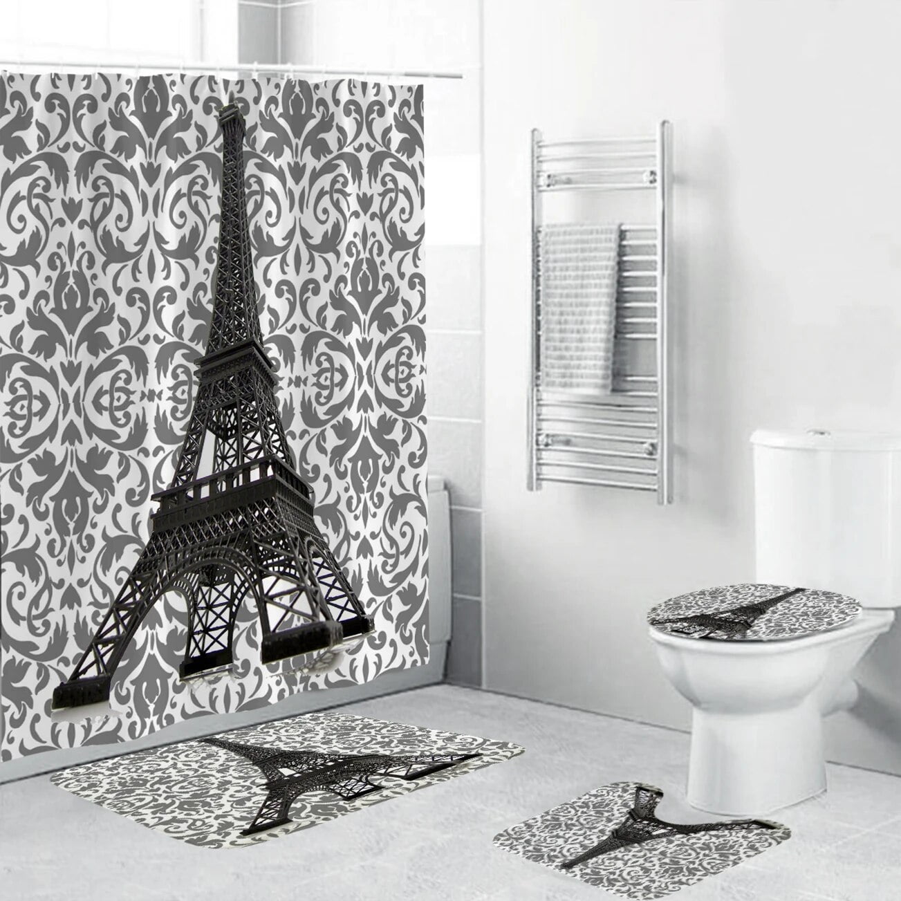 Blue Rose Flowers Waterproof Bathroom Shower Curtain Set Polyester ...