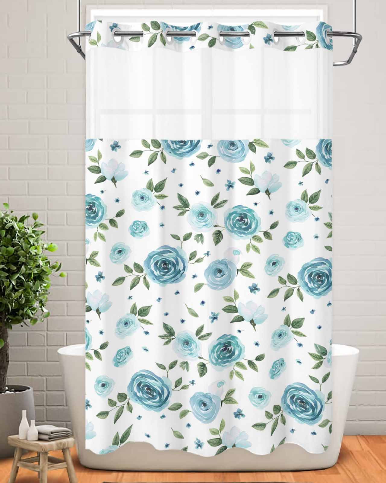 Blue Rose No Hook Shower Curtain with Snap in Liner, Flower with Leaf ...
