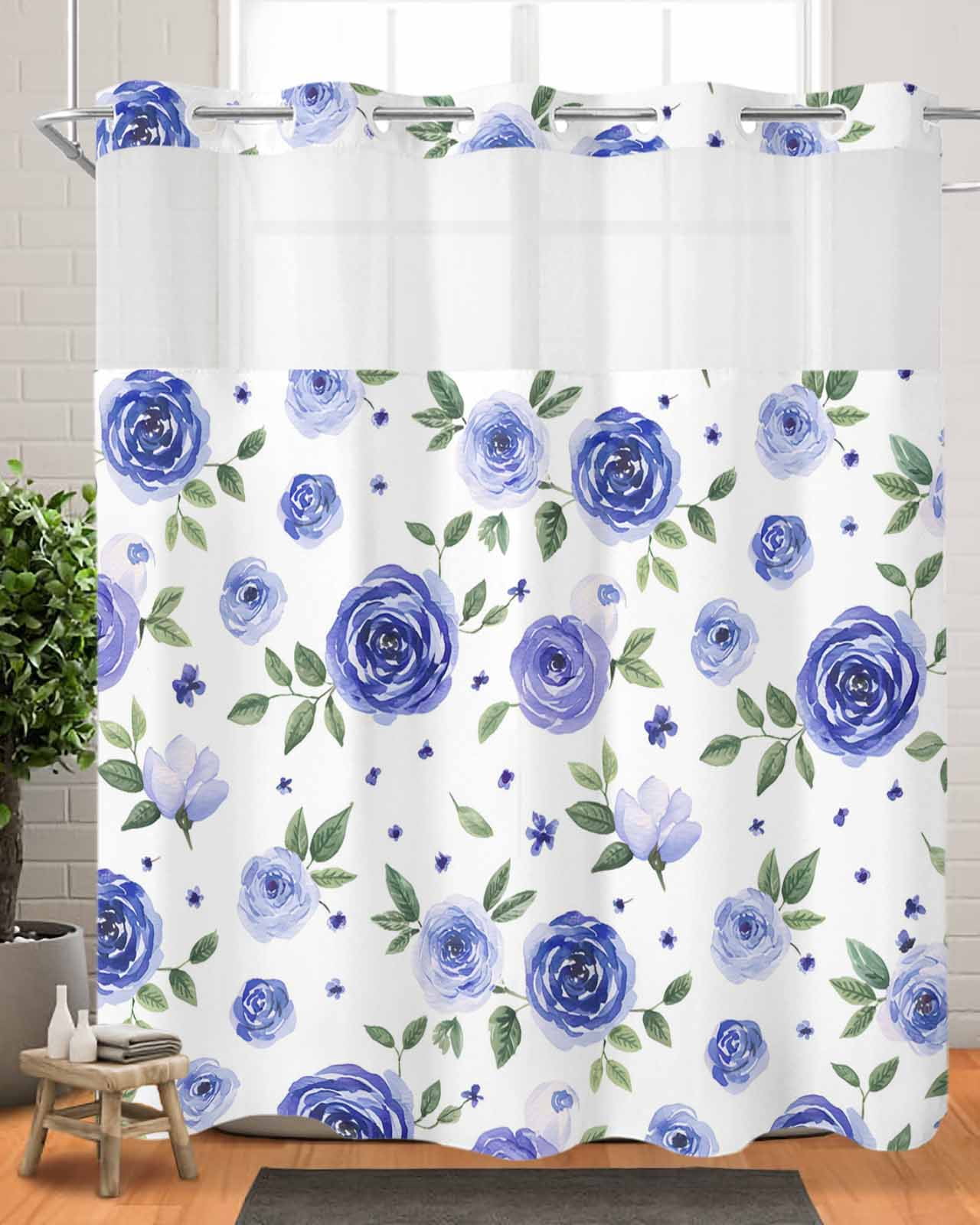 Blue Rose No Hook Shower Curtain with Snap in Liner, Flower with Leaf ...