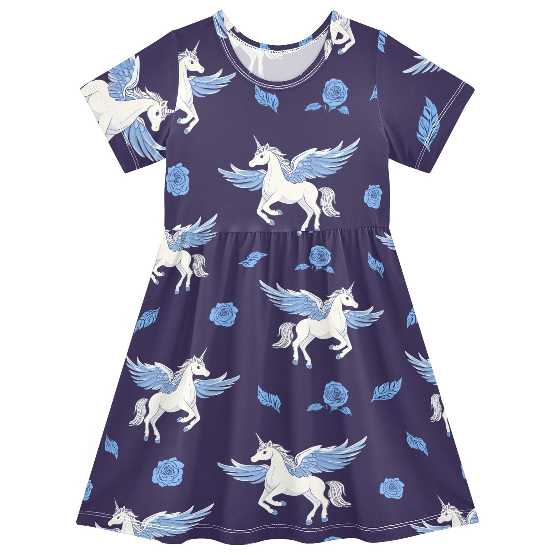 Blue Rose Horse Pattern Girls Short Sleeve Dress A Line Sun Protection ...
