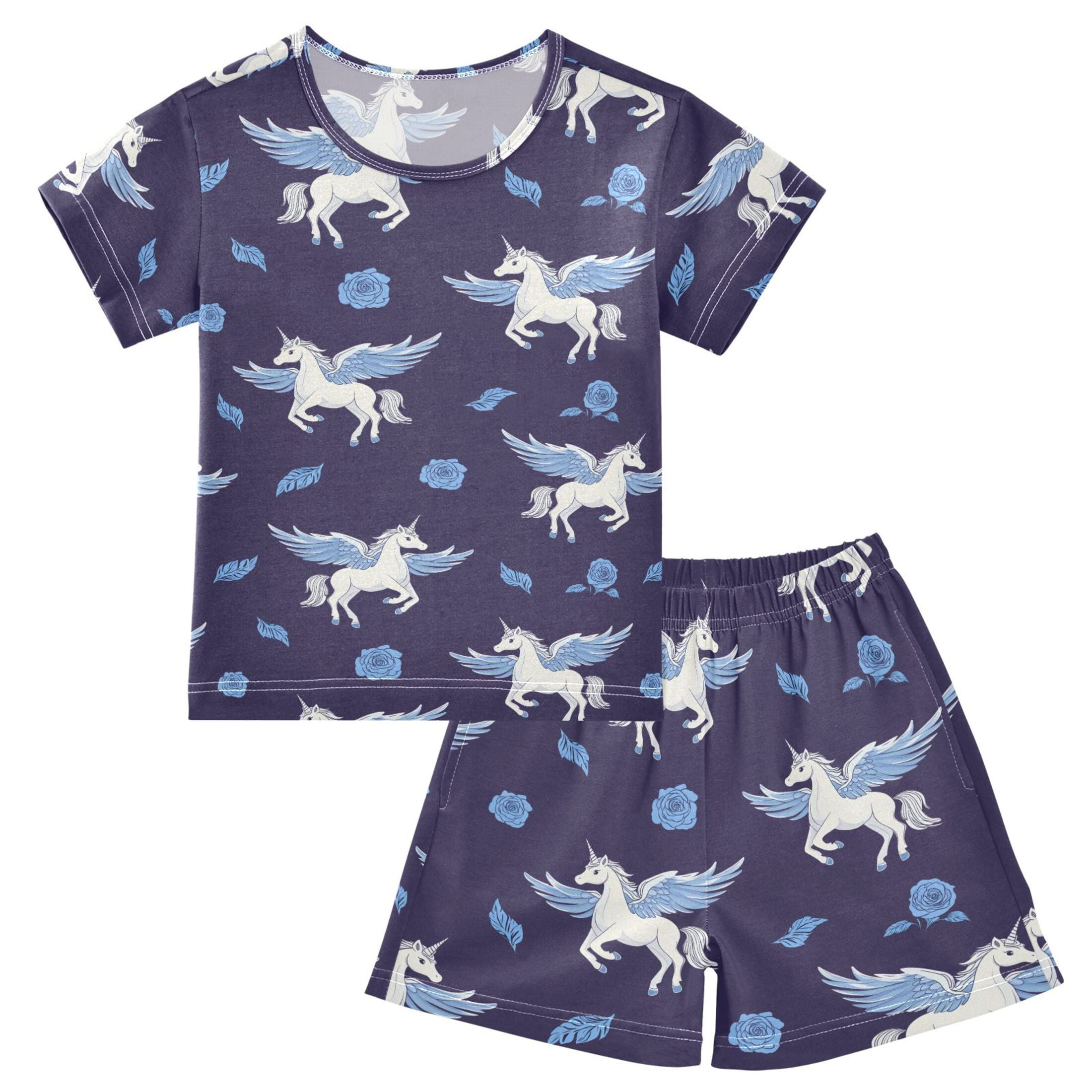 Blue Rose Horse Pattern Summer Pajama Set Soft Cotton Short Sleeve ...