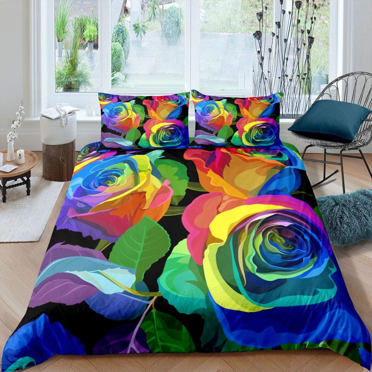 Blue Rose King Bedding Set tic Floral Duvet Cover Abstract Water ...