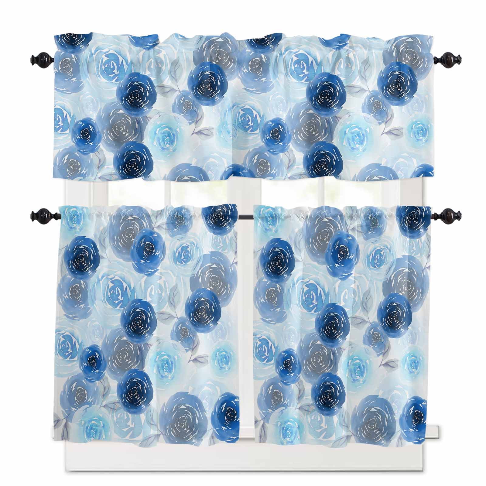 Blue Rose Kitchen Curtains Valances and Tiers Set of 3 Spring Flowers ...