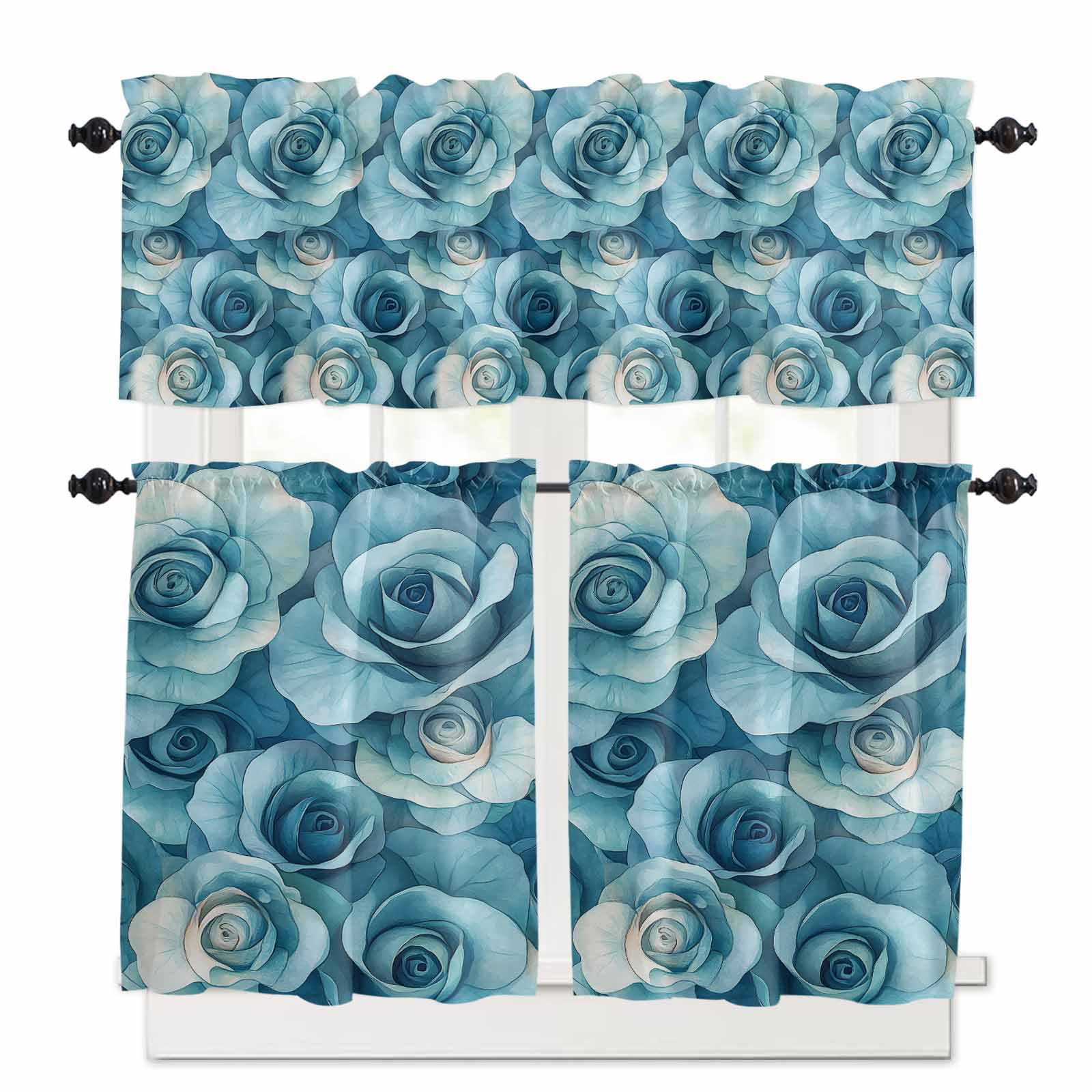 Blue Rose Kitchen Curtains Valances and Tiers Set of 3 Spring Romantic ...