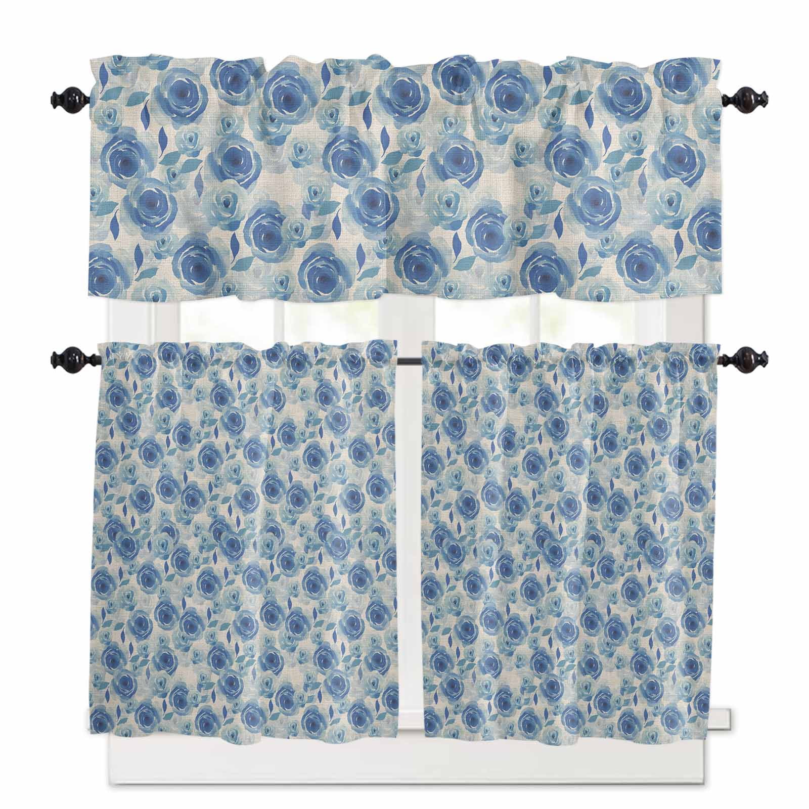 Blue Rose Kitchen Curtains Valances and Tiers Set of 3 Spring ...