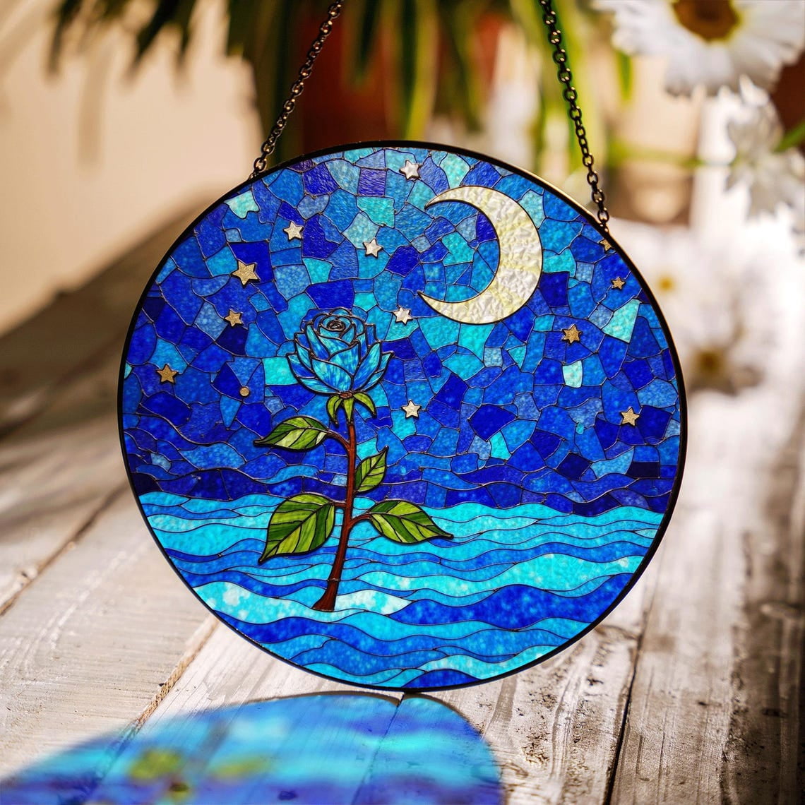 Blue Rose Moonlit Night Glass Suncatcher, Round Window Decor, 7.9 in ...