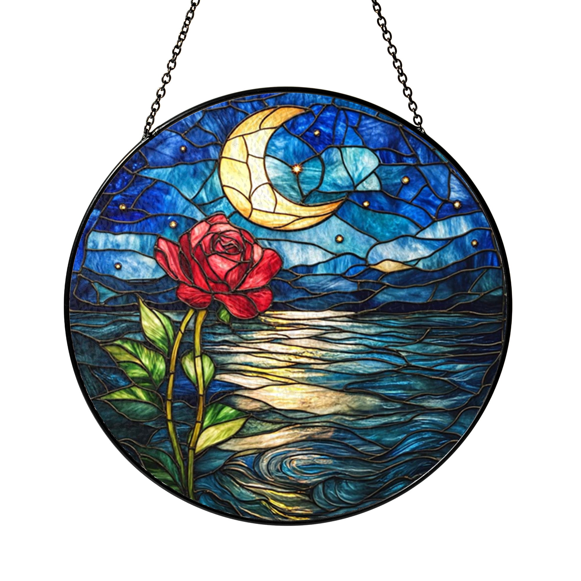 Blue Rose Moonlit Night Stained Glass Suncatcher – Window Decor ...