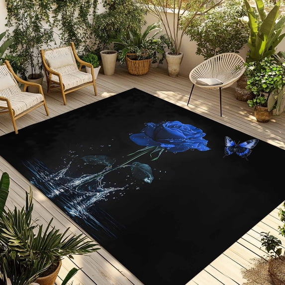 Blue Rose Outdoor Rug, Butterfly Splash Non-Slip Area Rugs Carpet ...