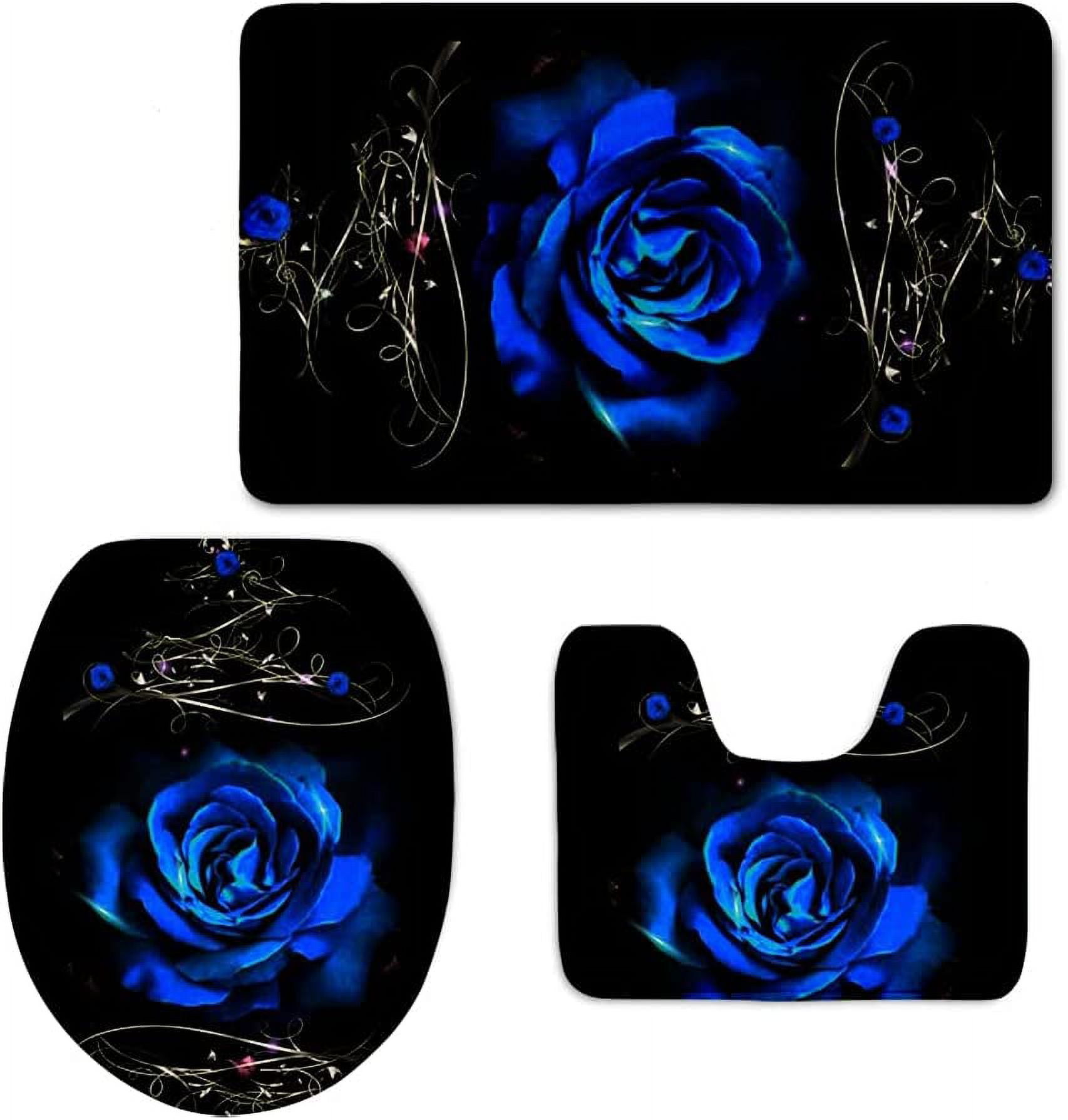 Blue Rose Pattern Non Slip Toilet Seat Cover+ Bath Mat+ Lid Covers Home ...