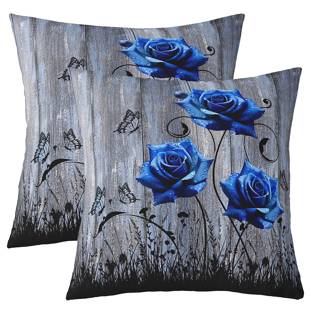Blue Rose Pillow Covers 20x20 Inch Set of 2 Butterfly Cushion Covers ...