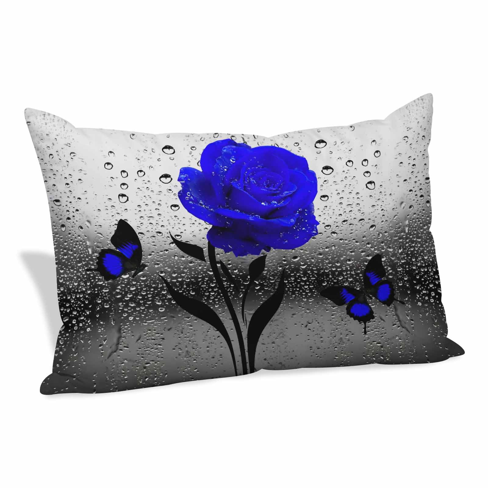Blue Rose Pillow Covers, Linen Long Throw Pillow Case, Flower Raindrops ...