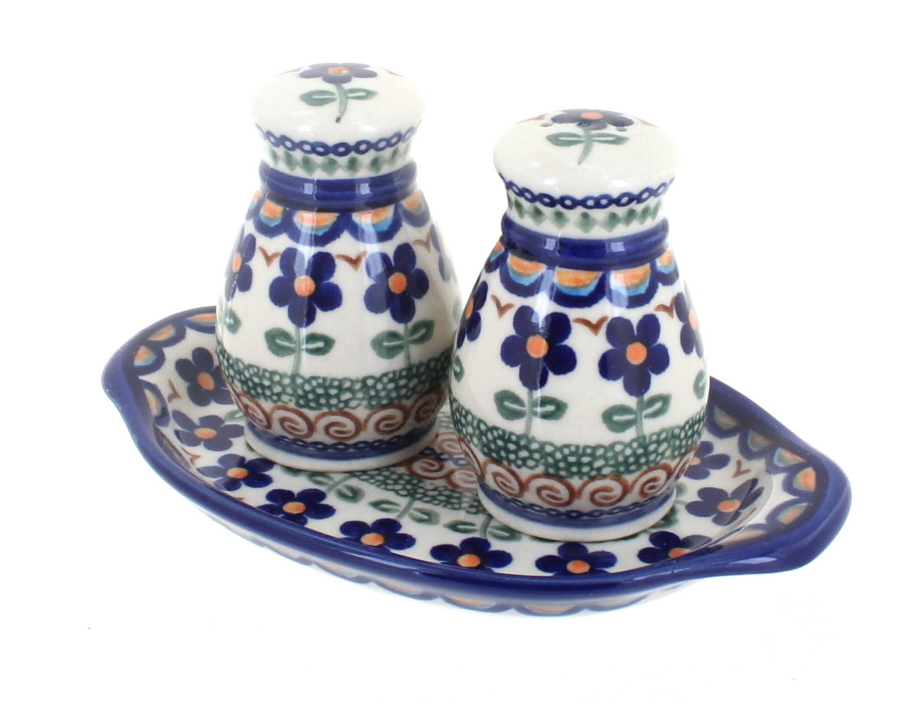 Blue Rose Polish Pottery Aztec Flower Salt & Pepper Shakers with Tray ...