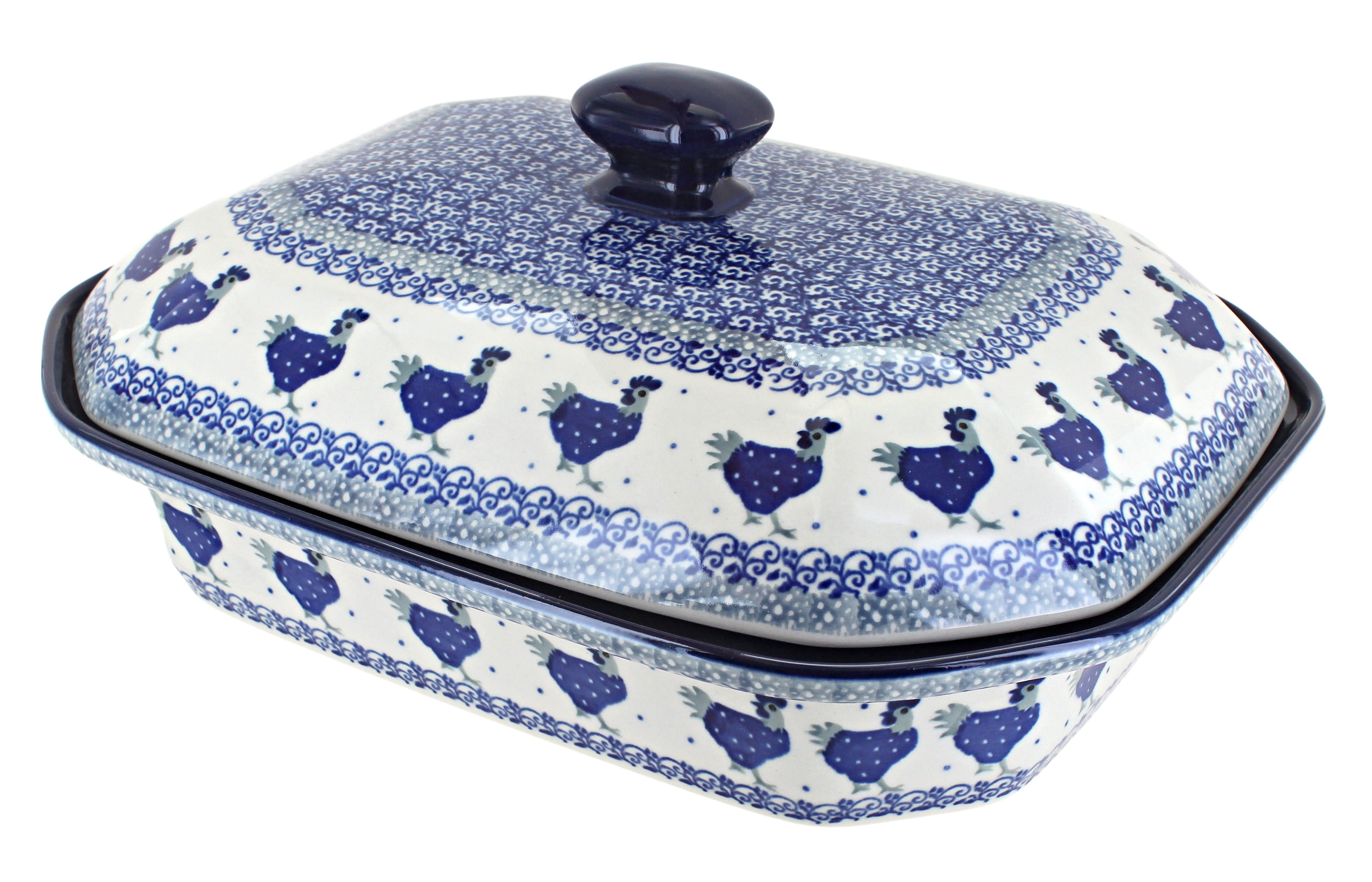 Blue Rose Polish Pottery Barnyard Rooster Large Covered Baker - Walmart.com