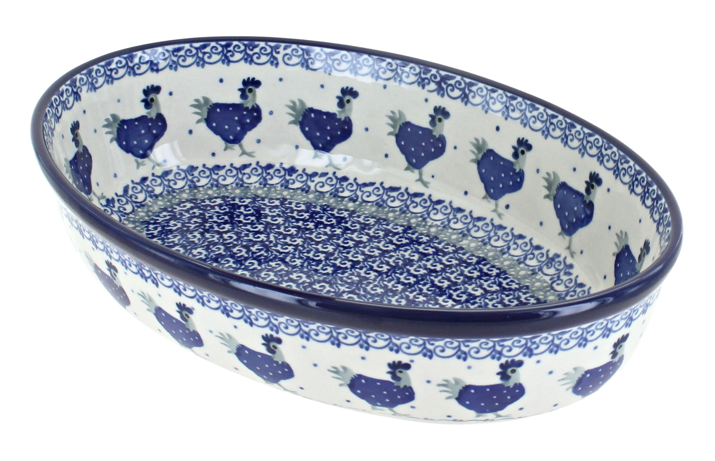 Blue Rose Polish Pottery Barnyard Rooster Small Oval Baking Dish ...