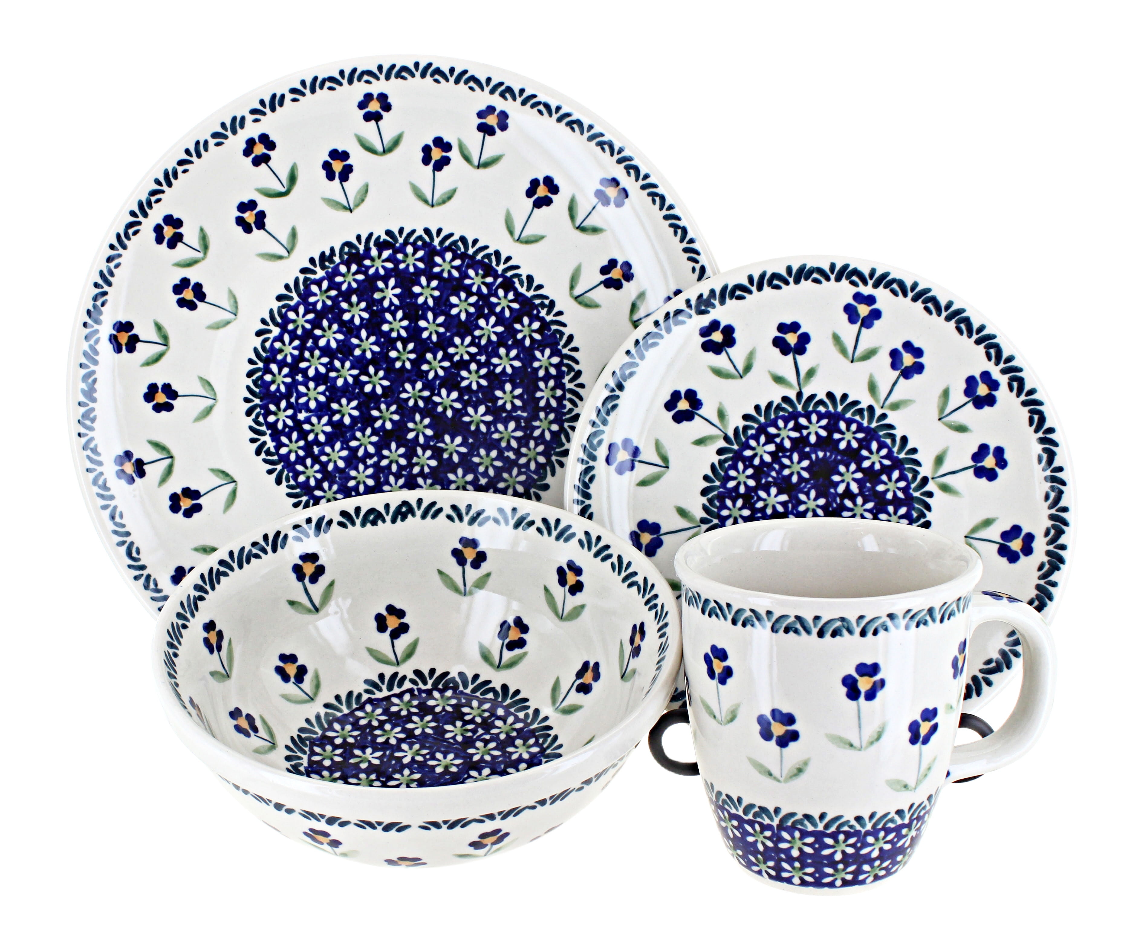 Blue Rose Polish Pottery Blue Daisy 16 Piece Dinner Set - Walmart.com