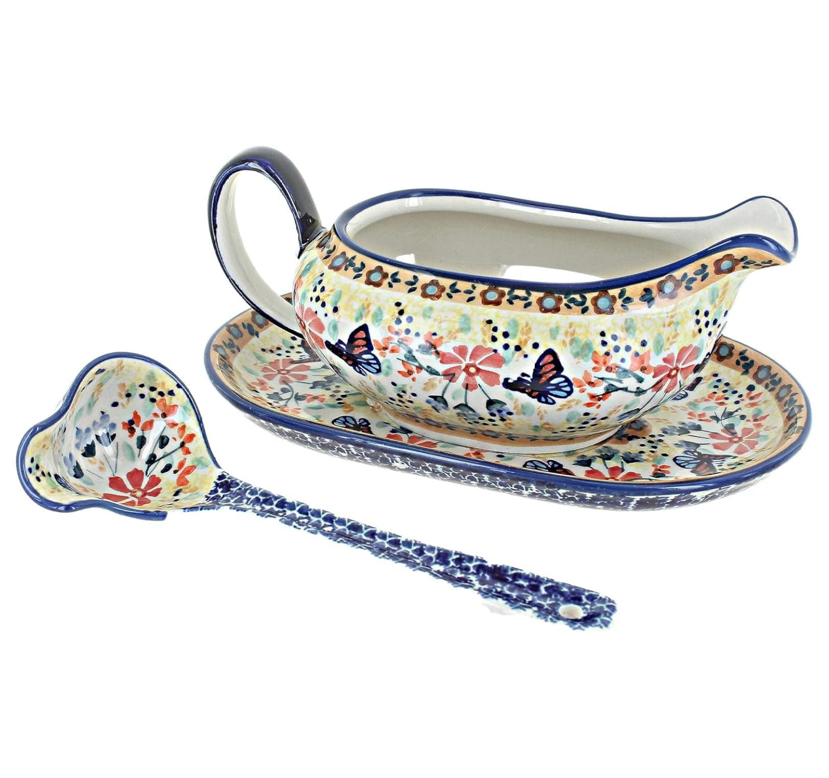 Blue Rose Polish Pottery Blue Gravy Boat & Ladle - Walmart.com