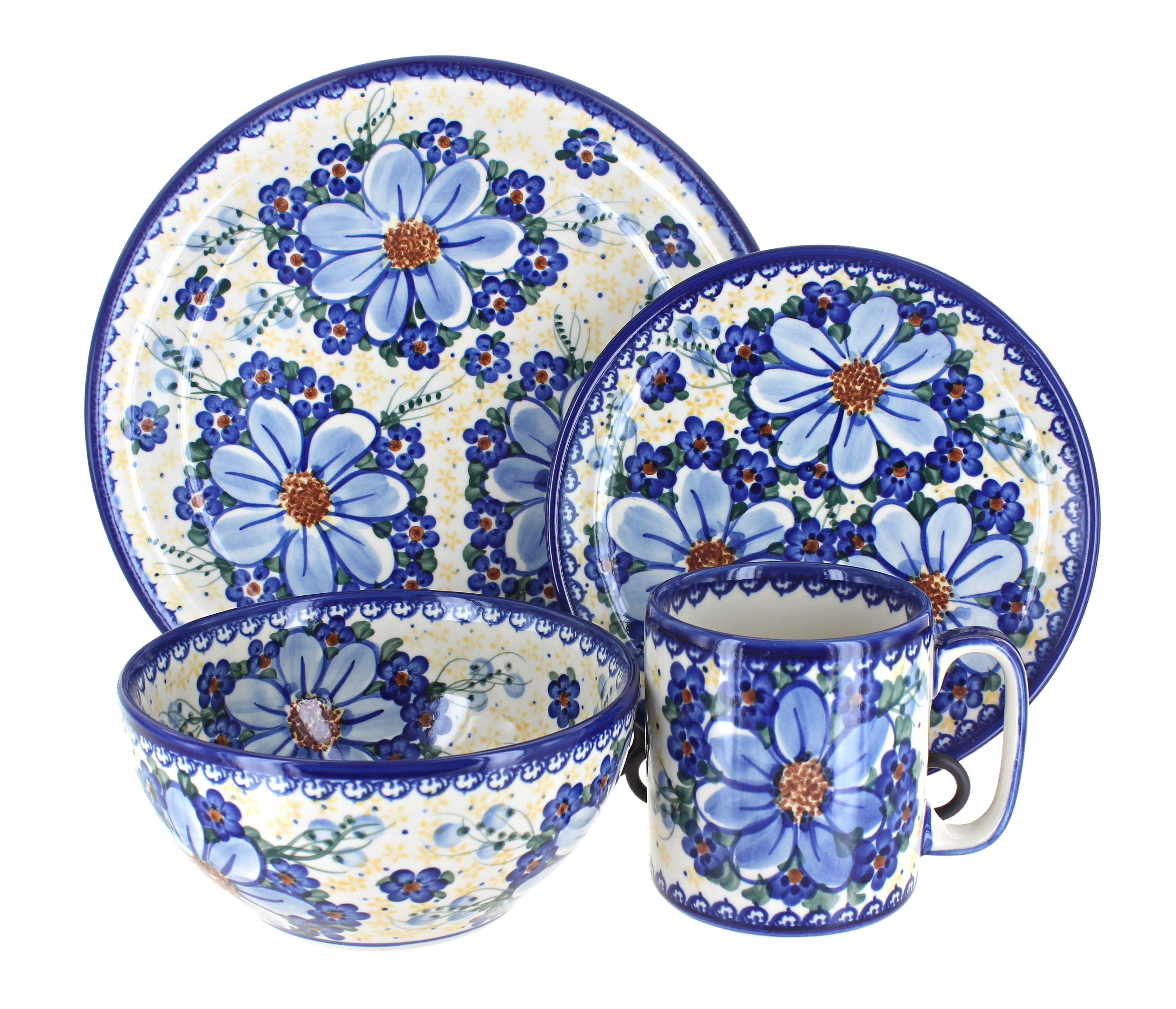 Blue Rose Polish Pottery Daisy Surprise 16 Piece Dinner Set - Walmart.com