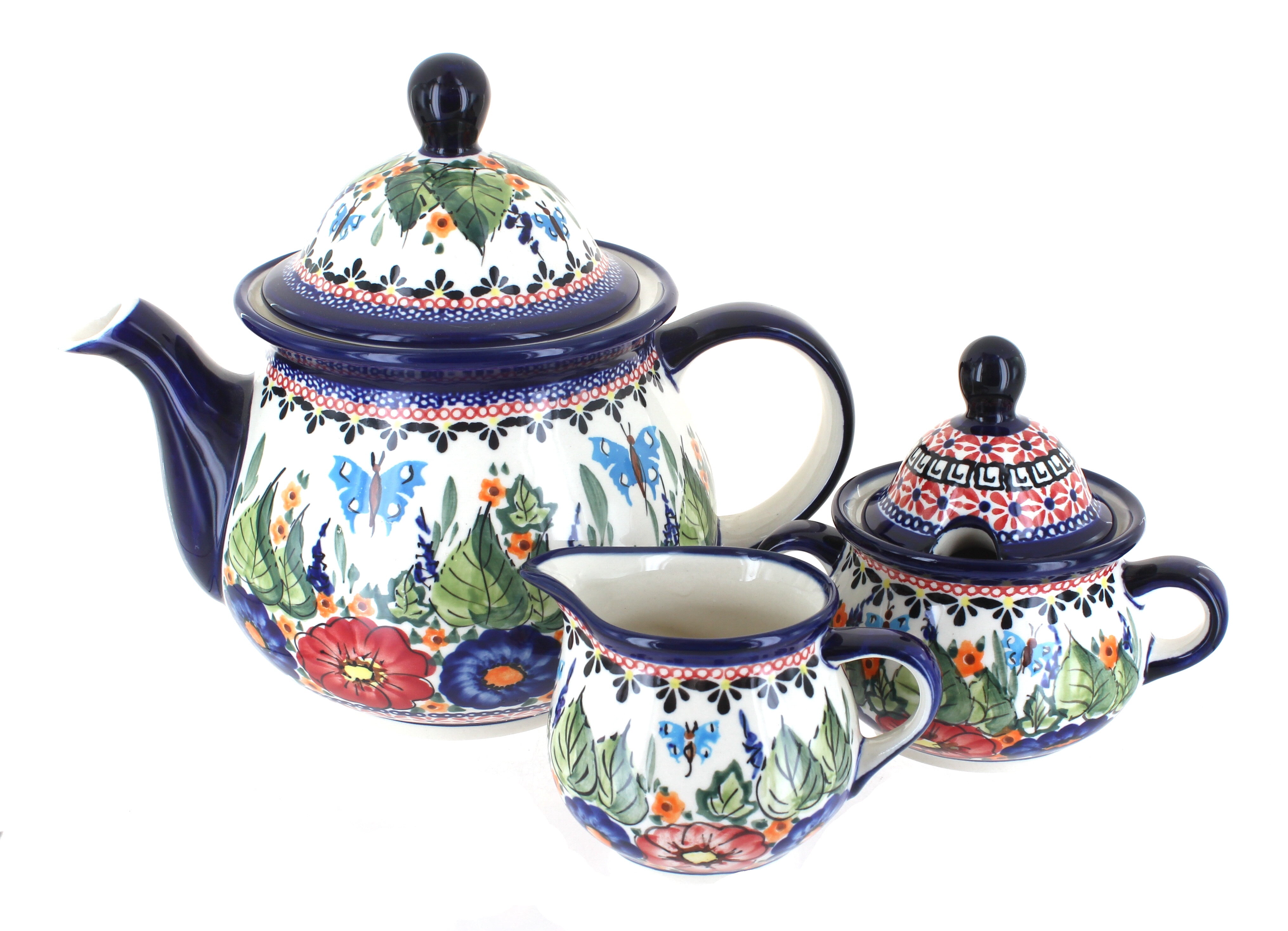 Blue Rose Polish Pottery Floral Butterfly Three Piece Tea Set - Walmart.com