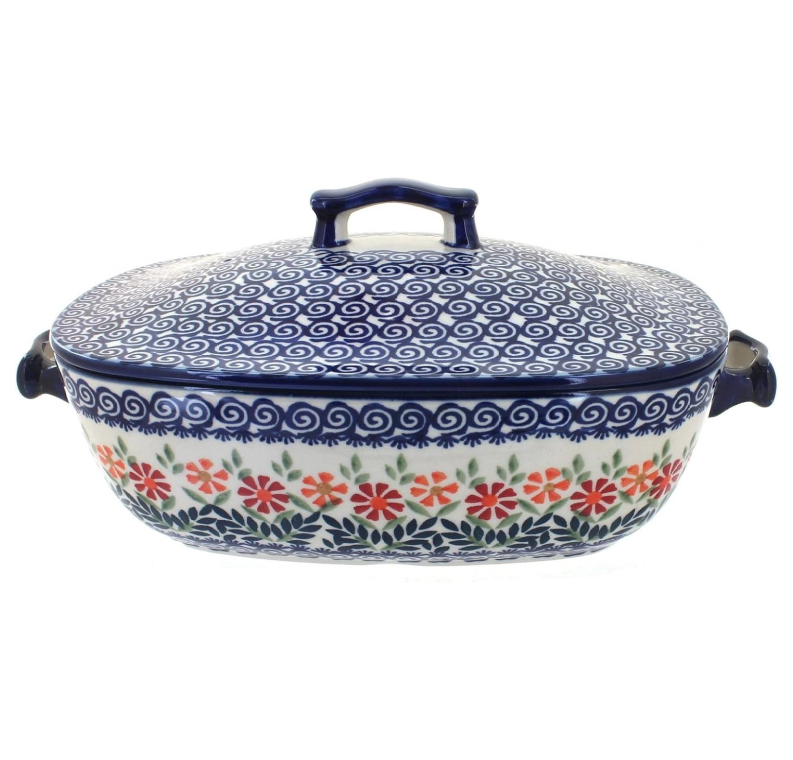 Blue Rose Polish Pottery Garden Bouquet Roaster with Lid - Walmart.com