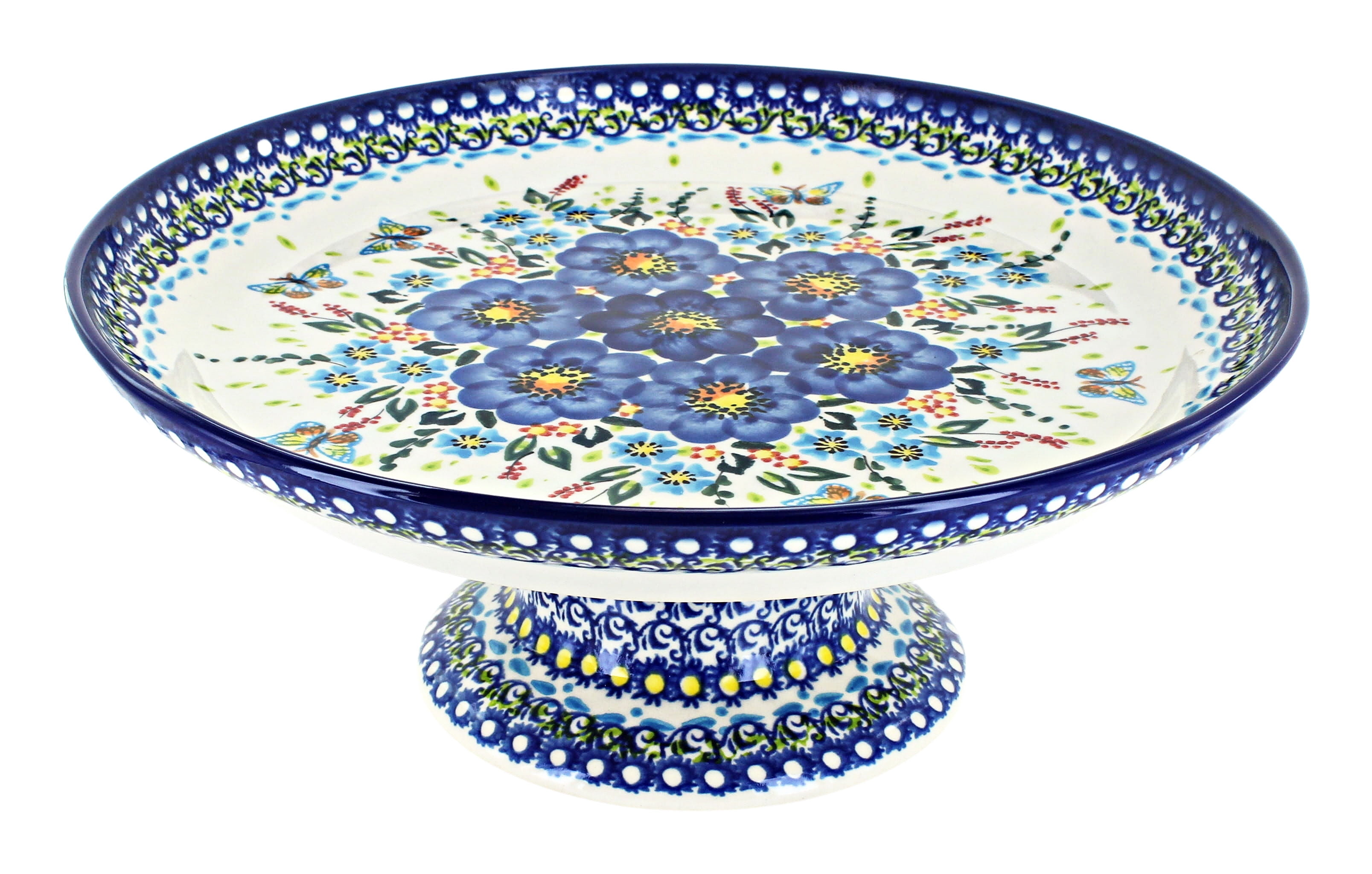 Blue Rose Polish Pottery Garden of Blue Cake Plate - Walmart.com